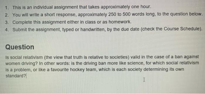 1. This is an individual assignment that takes | Chegg.com