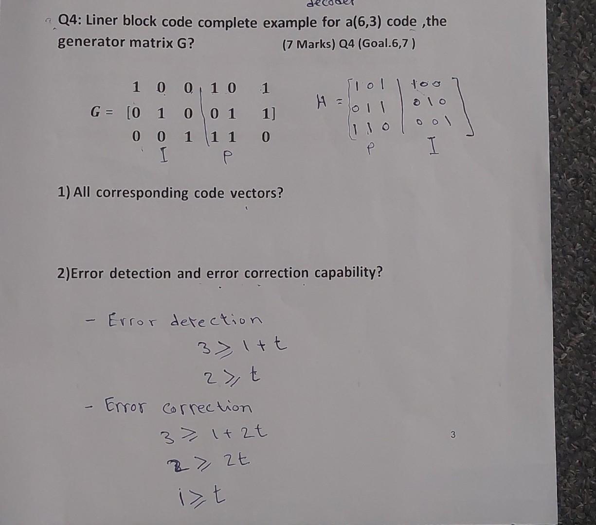 Q4: Liner block code complete example for a(6,3) code | Chegg.com