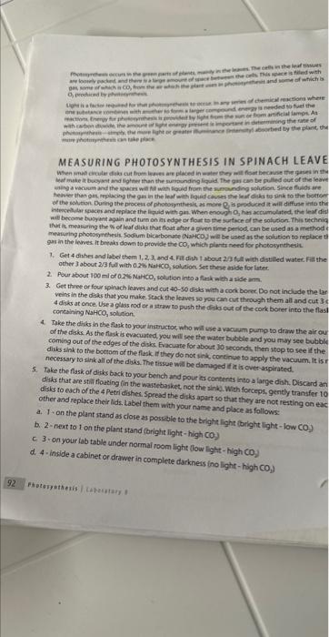 MEASURING PHOTOSYNTHESIS IN SPINACH LEAVE 3. Get thee | Chegg.com