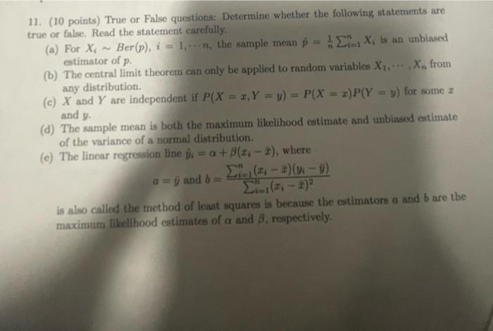Solved 11. (10 points) True or False questions: Determine | Chegg.com