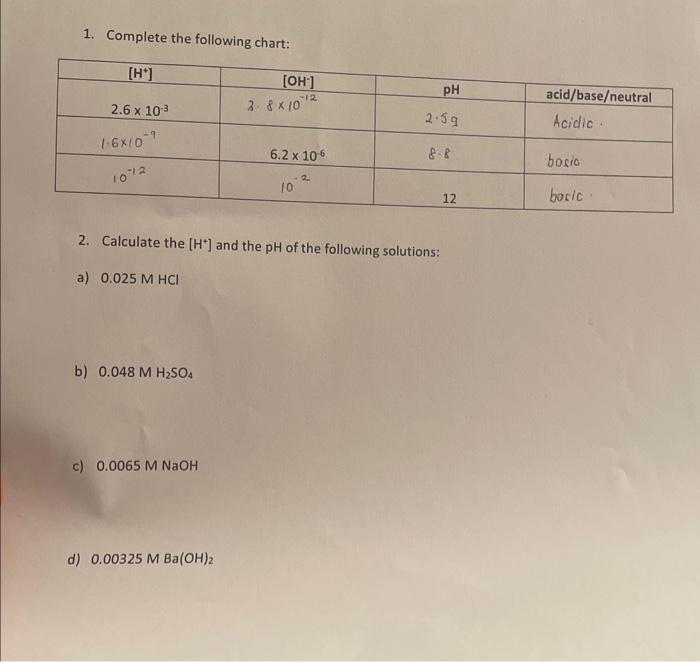 Solved 1. Complete the following chart: 2. Caiculate the | Chegg.com