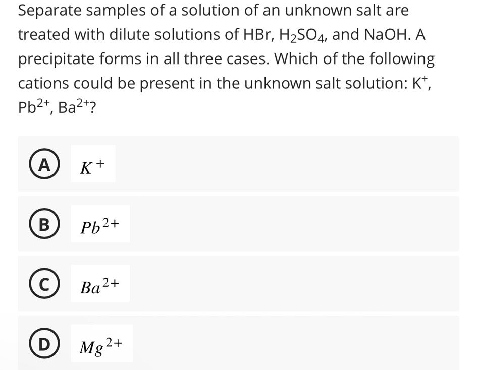 Solved Separate samples of a solution of an unknown salt are | Chegg.com