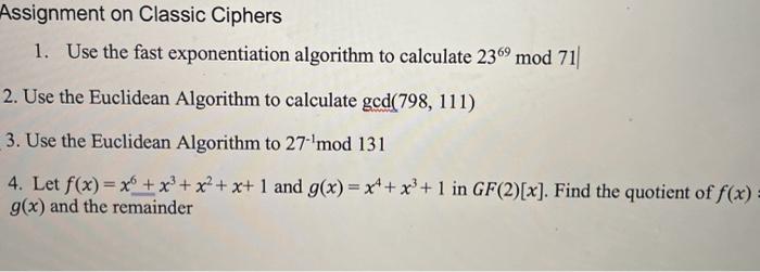 Solved Assignment on Classic Ciphers 1. Use the fast | Chegg.com