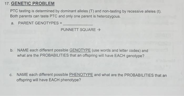 Solved 17. GENETIC PROBLEM PTC tasting is determined by | Chegg.com