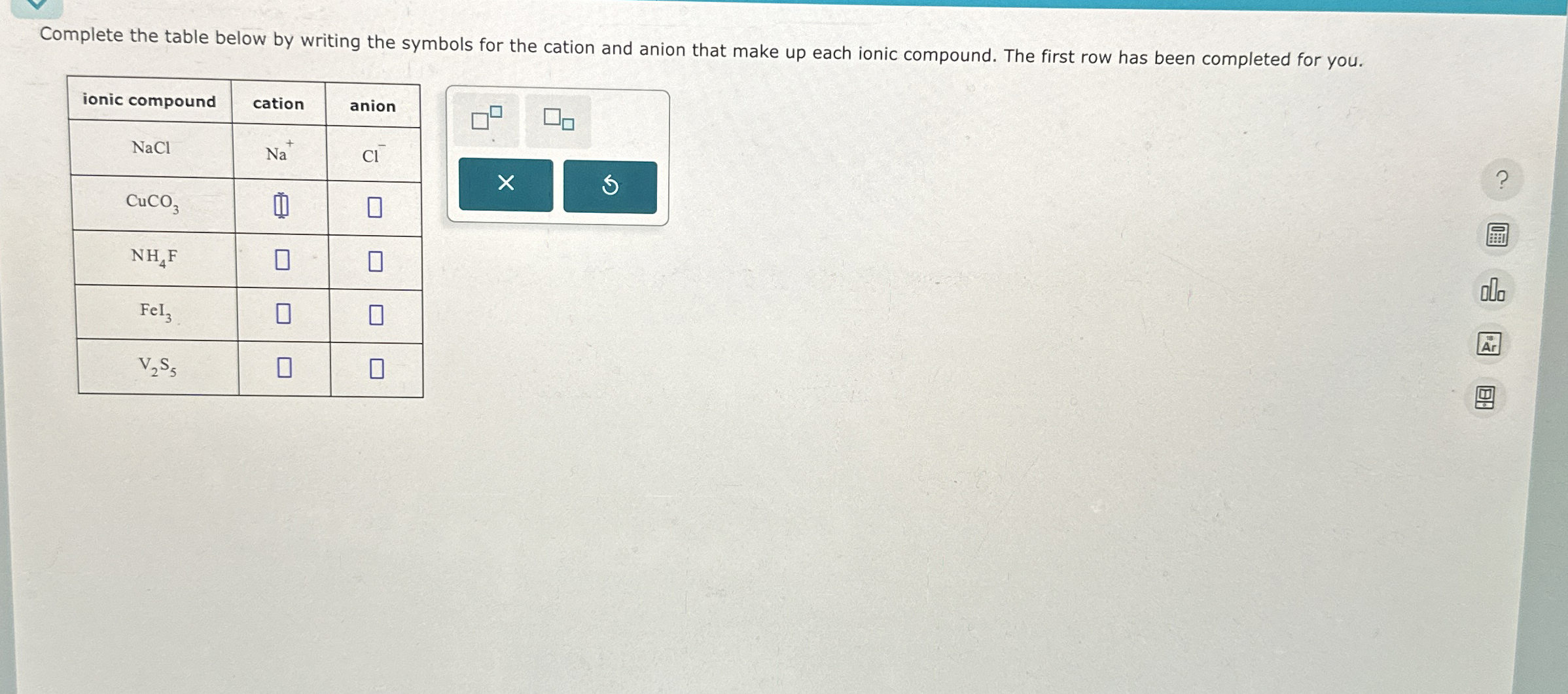 Solved Complete the table below by writing the symbols for | Chegg.com