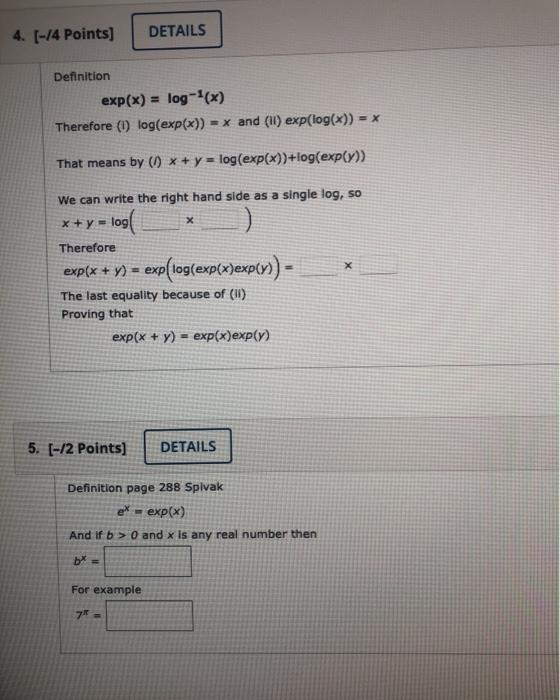 Solved 4. [-14 Points) DETAILS Definition exp(x) = log-'(x) | Chegg.com
