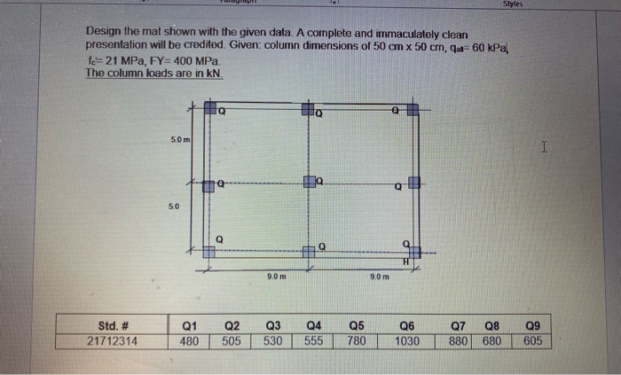 Solved Design the mat shown with the given data. A complete | Chegg.com