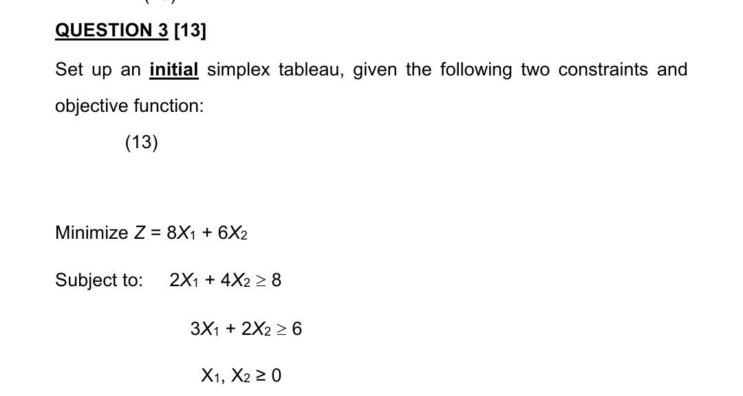 Solved QUESTION 3 [13] Set up an initial simplex tableau, | Chegg.com