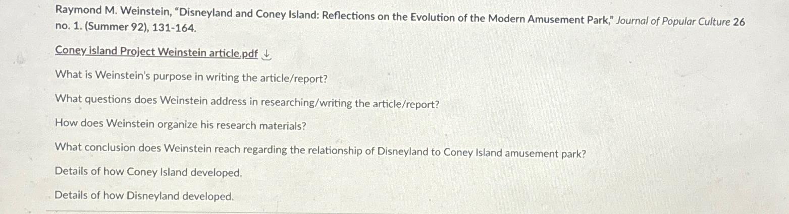 Solved Raymond M. ﻿Weinstein, "Disneyland and Coney Island: | Chegg.com