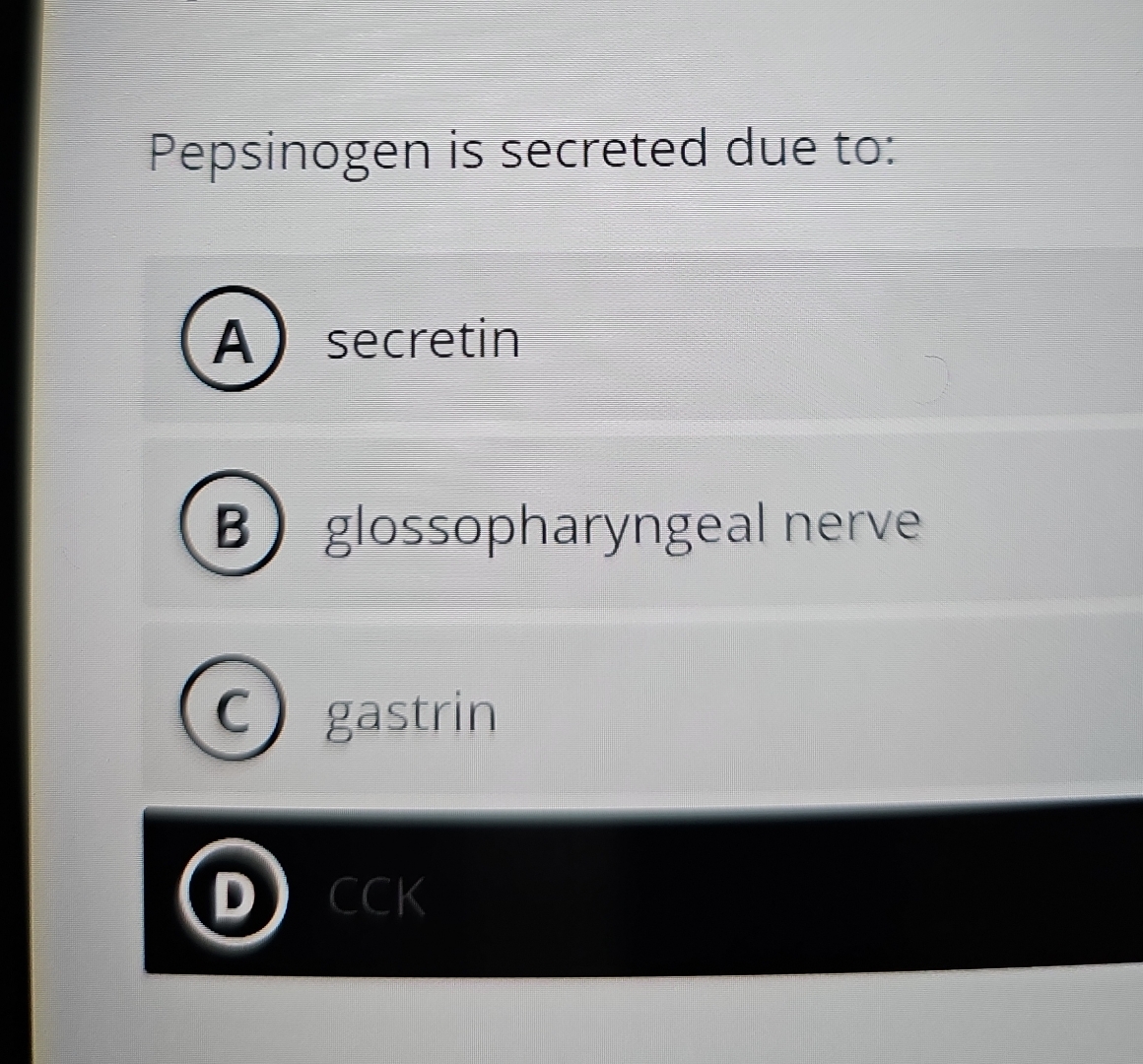 Solved Pepsinogen is secreted due to:(A) ﻿secretinB) | Chegg.com