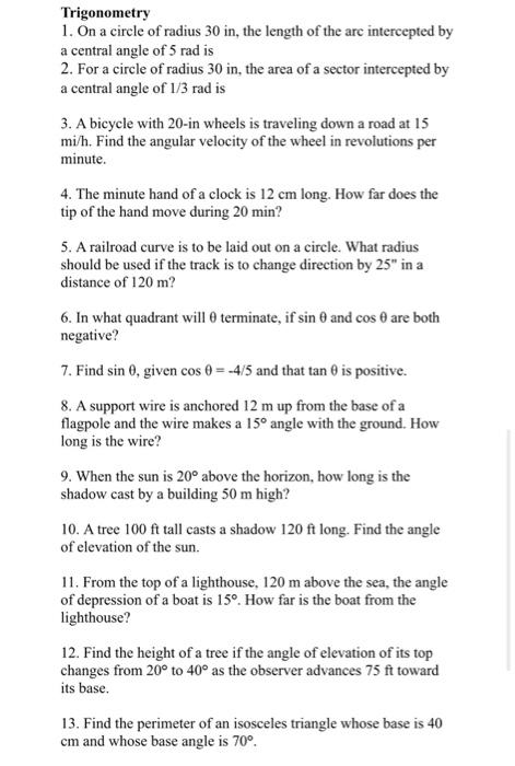 Solved Trigonometry 1. On a circle of radius 30 in, the | Chegg.com