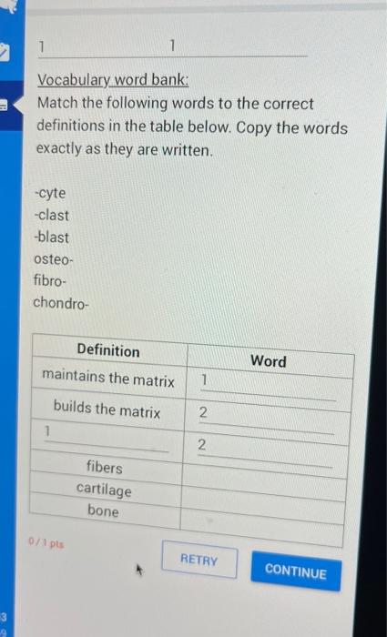 Solved Vocabulary word bank: Match the following words to | Chegg.com