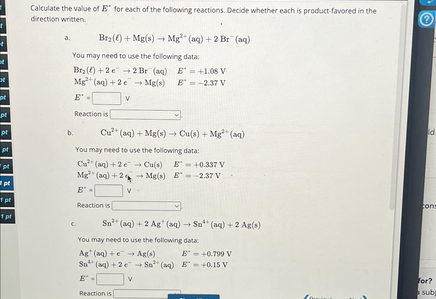 Solved Calculate the value of E° ﻿for each of the following | Chegg.com