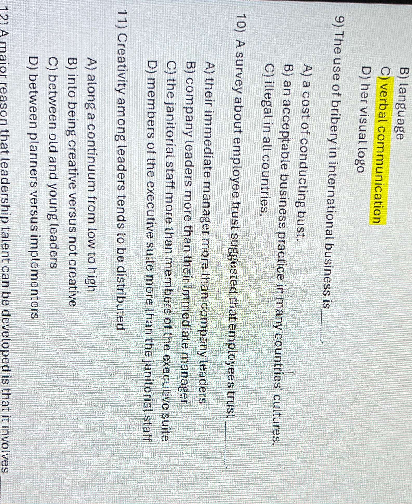 Solved B) ﻿languageC) ﻿verbal communicationD) ﻿her visual | Chegg.com