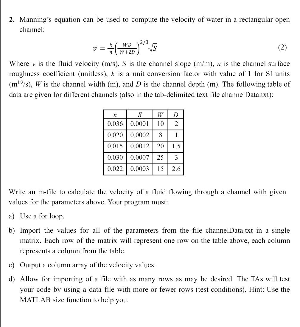 Solved a 2. Manning's equation can be used to compute the | Chegg.com