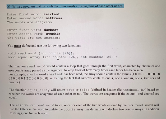 Solved 01 Write A Program That Tests Whether Two Words Are 8611