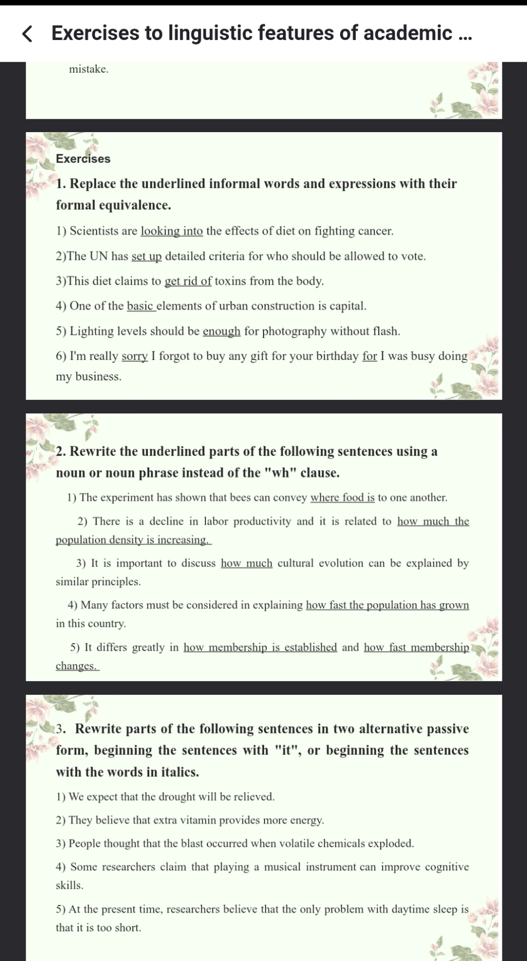 Exercises to linguistic features of academic | Chegg.com