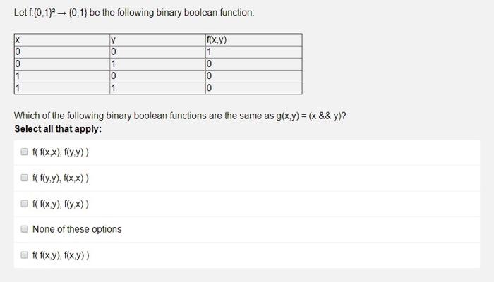 Solved Let f{0,1}2→{0,1} be the following binary boolean | Chegg.com