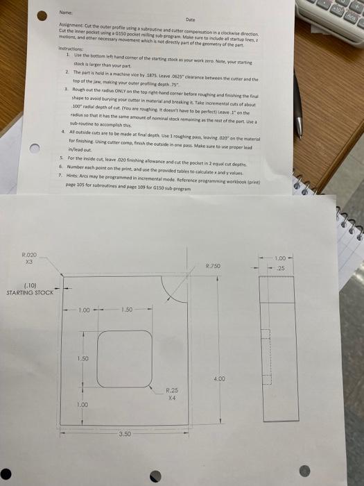 Solved cut the outer profile using a subroutine and cutter | Chegg.com