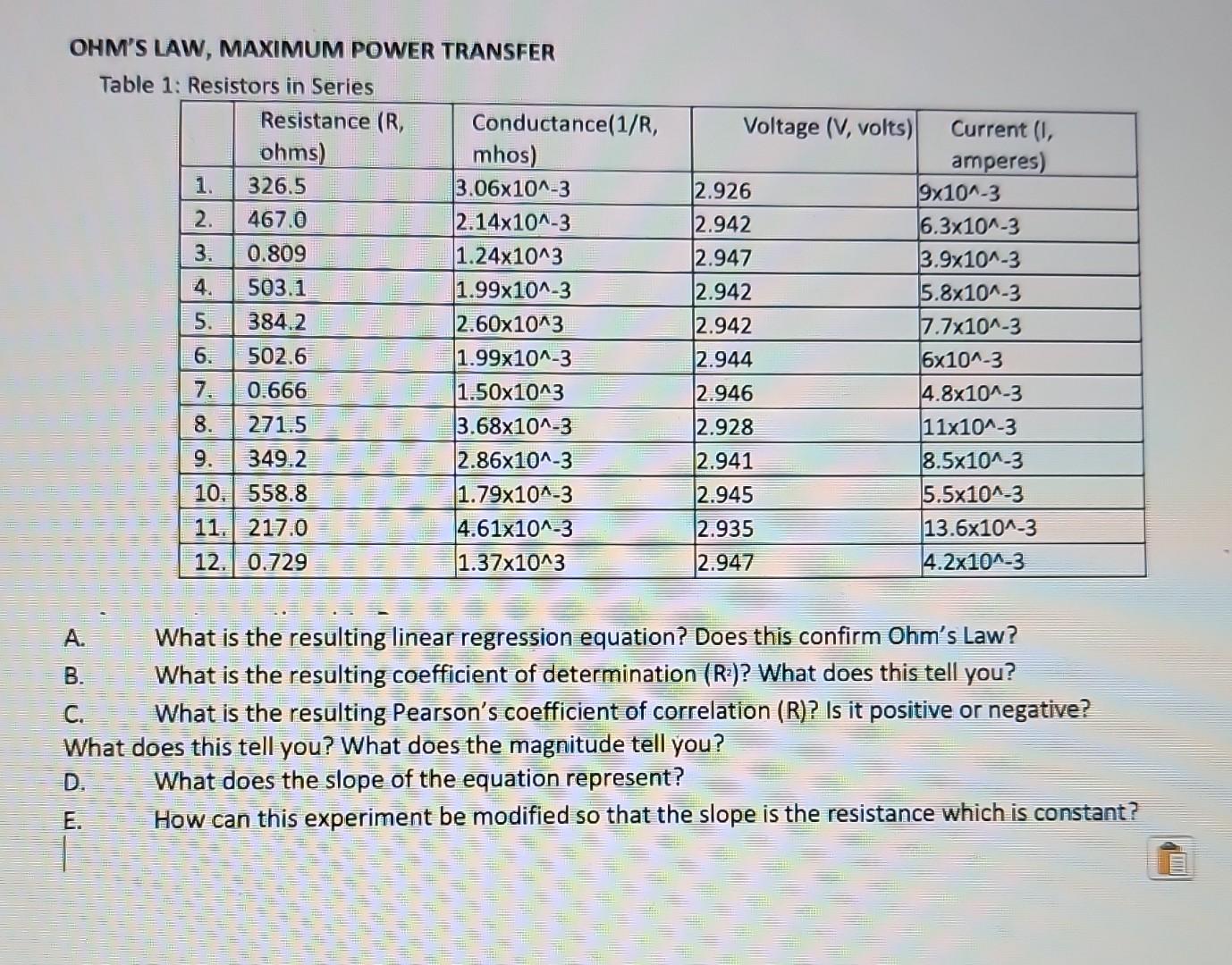 OHM'S LAW, MAXIMUM POWER TRANSFER Table 1: Resistors | Chegg.com