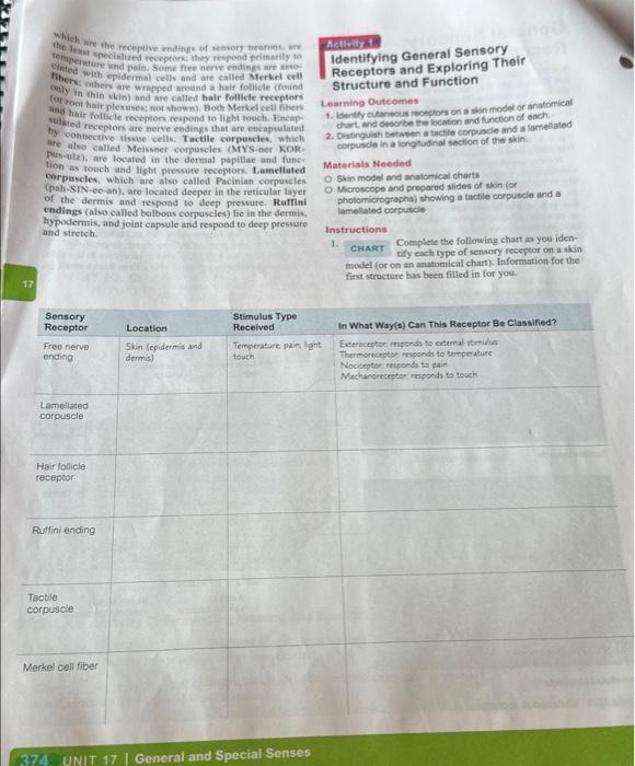 Solved Activity 1 Identifying General Sensory Receptors and | Chegg.com