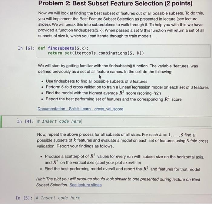 Problem 2: Best Subset Feature Selection (2 points) | Chegg.com
