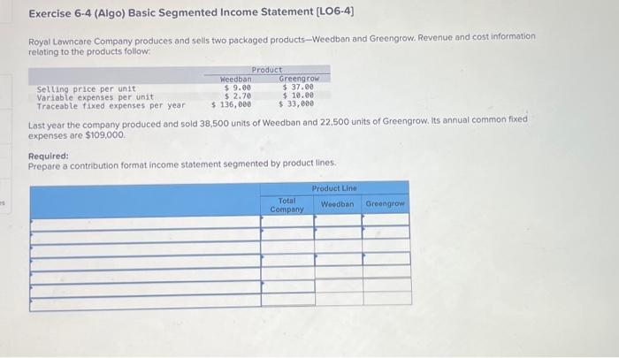 Solved Exercise 6-4 (Algo) Basic Segmented Income Statement | Chegg.com Solved Exercise 6-4 (Algo) Basic Segmented Income Statement | Chegg.com