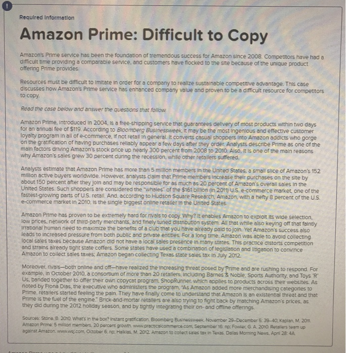 Solved Required Information Amazon Prime: Difficult to Copy | Chegg.com