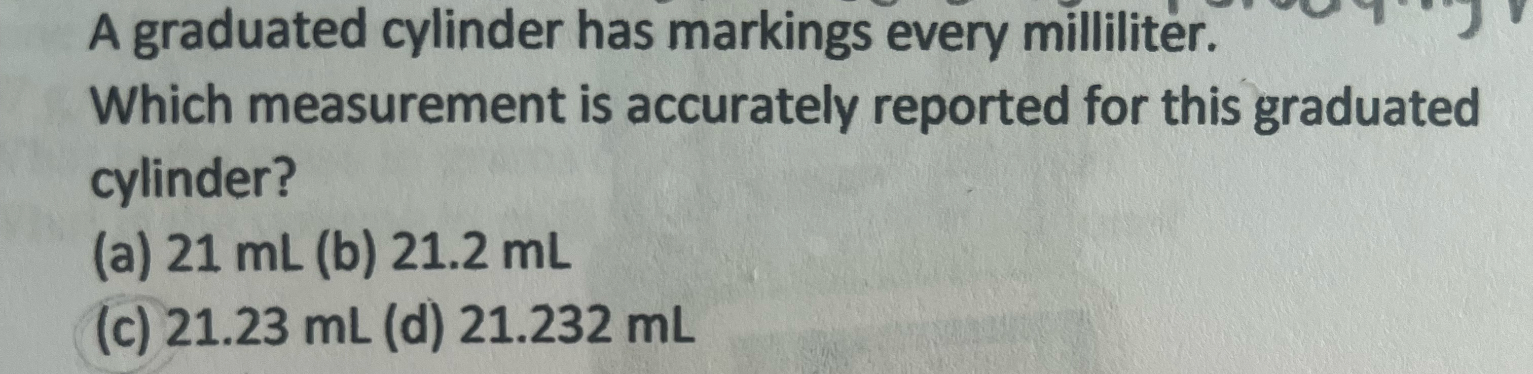Solved A graduated cylinder has markings every milliliter. | Chegg.com