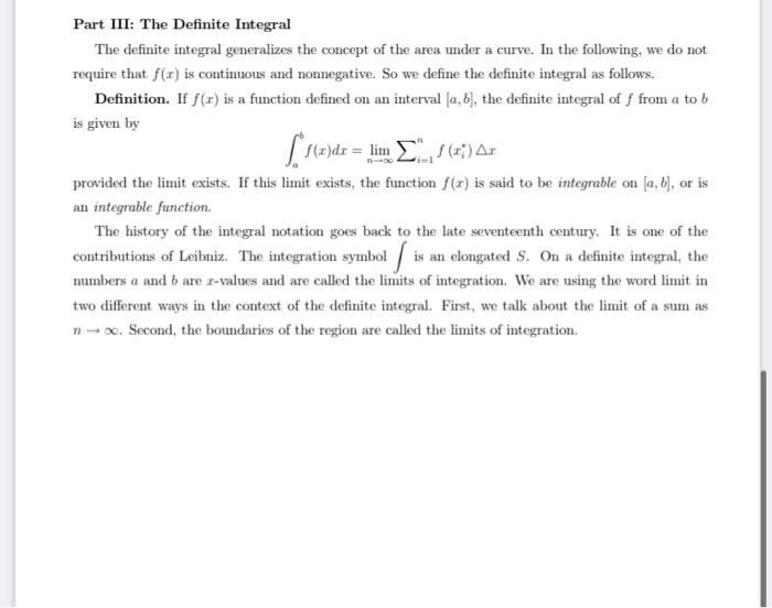 Solved Part III: The Definite Integral The definite integral | Chegg.com