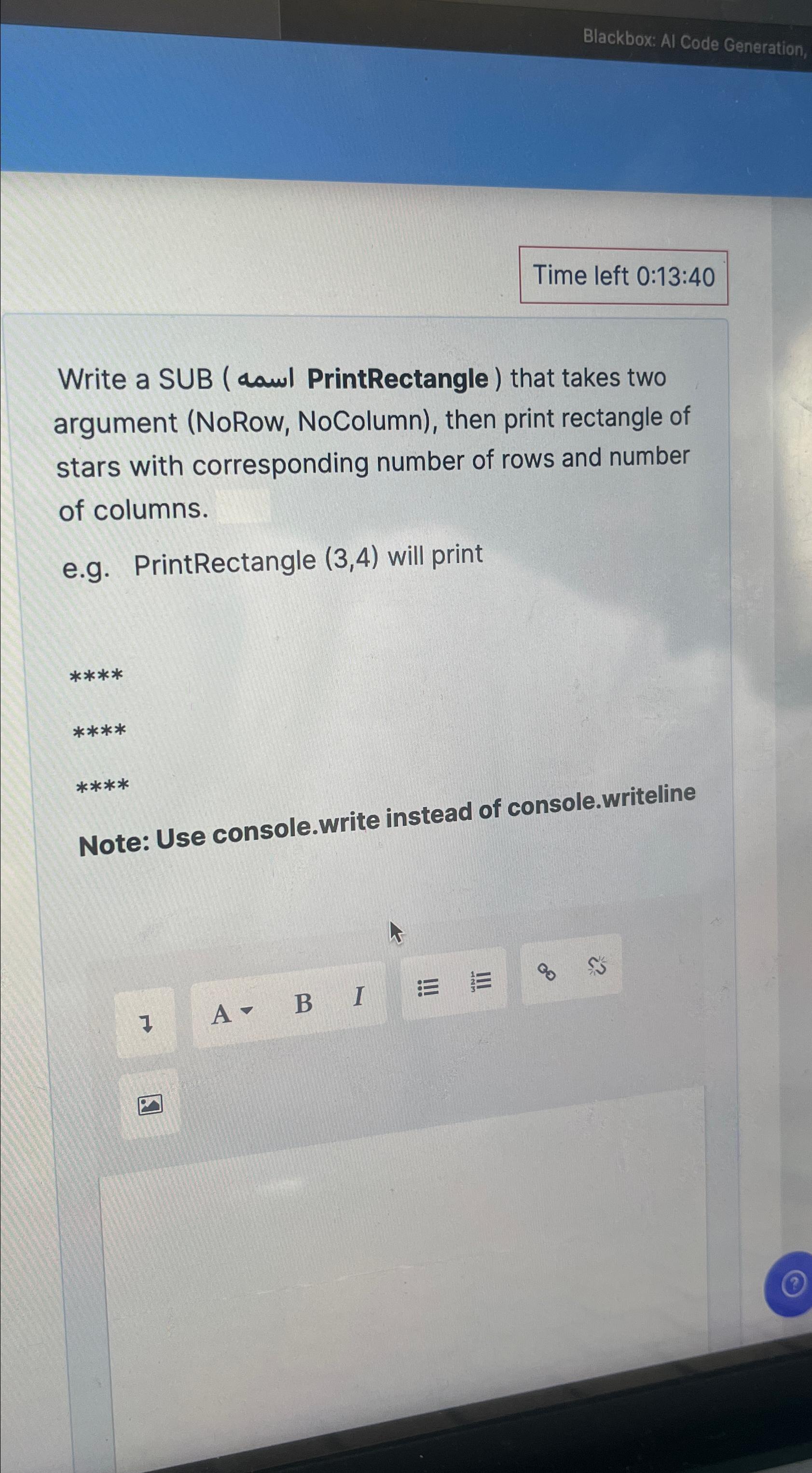 Solved Blackbox: Al Code GenerationTime left 0:13:40Write a | Chegg.com