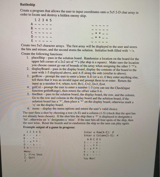Battleship Create a program that allows the user to | Chegg.com