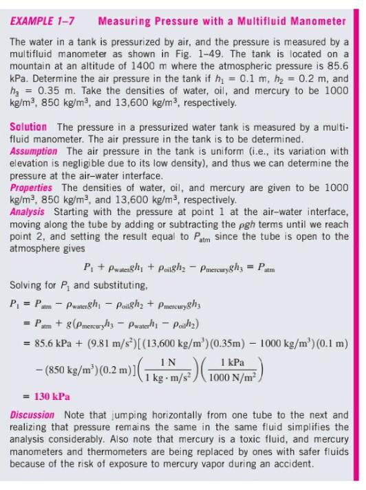 Solved EXAMPLE 1-7 Measuring Pressure with a Multifluid | Chegg.com