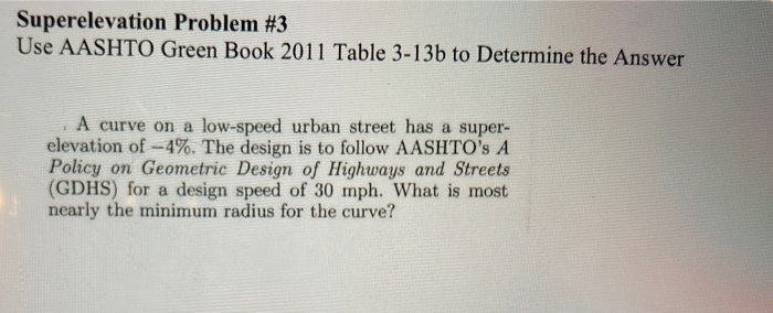 Solved Superelevation Problem #3 Use AASHTO Green Book 2011 | Chegg.com