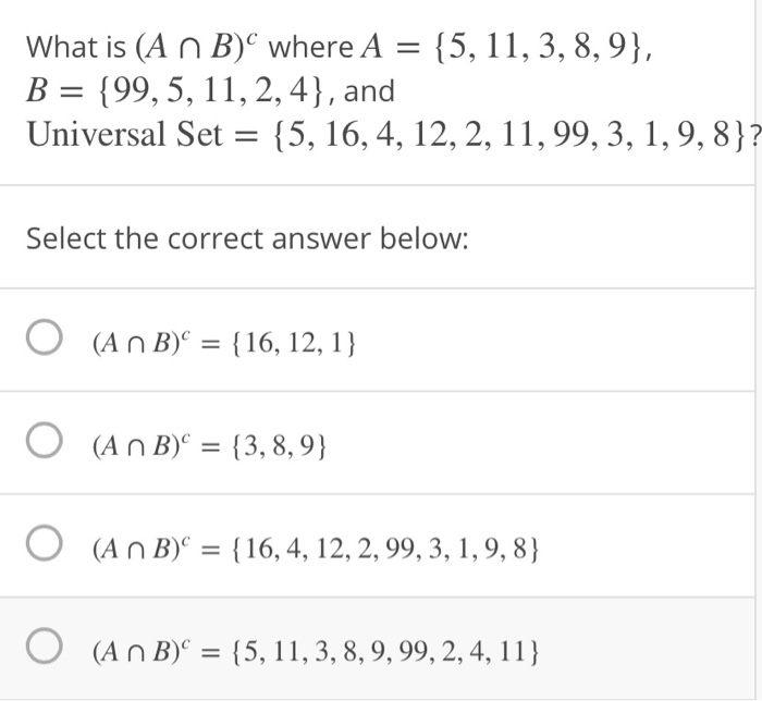 Solved What is (A n B) where A = {5, 11, 3, 8,9}, B = {99, | Chegg.com