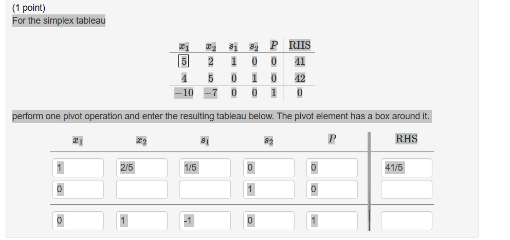 Solved (1 ﻿point)For the simplex tableauperform one pivot | Chegg.com