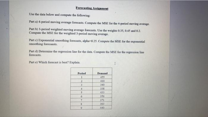 Solved Forecasting Assament Use the data below and compute | Chegg.com