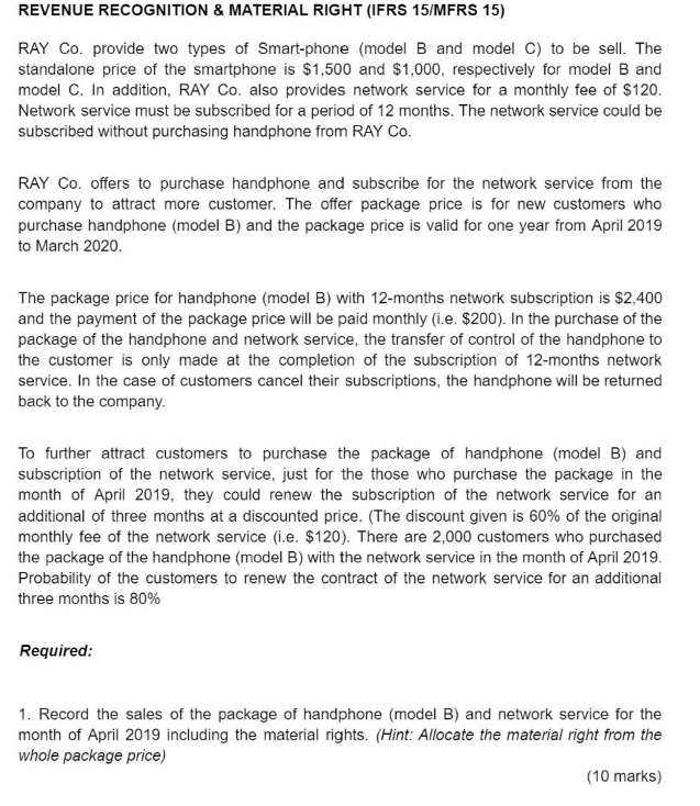 Solved REVENUE RECOGNITION & MATERIAL RIGHT (IFRS 15/MFRS | Chegg.com