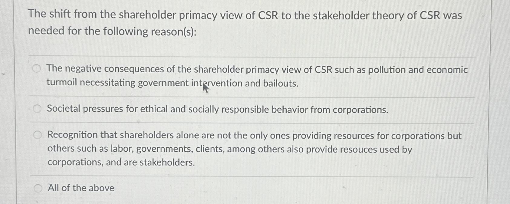 Solved The shift from the shareholder primacy view of CSR to | Chegg.com