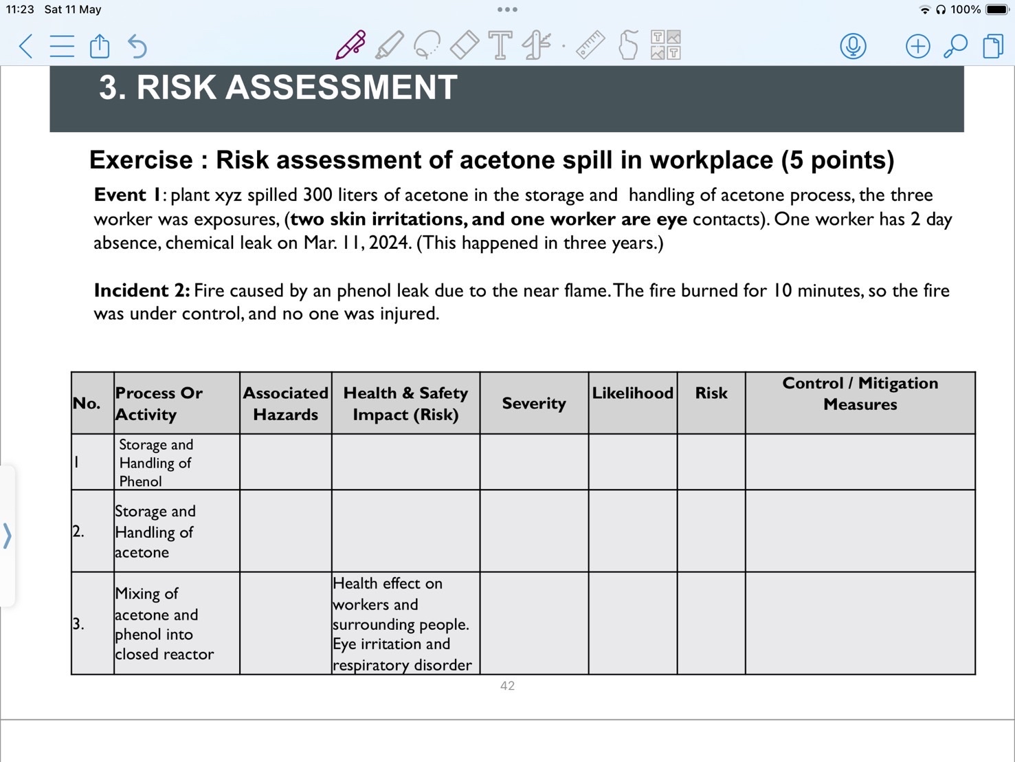 Solved 11:23 ﻿Sat 11 ﻿MayD 100%叩3. ﻿RISK ASSESSMENTExercise | Chegg.com