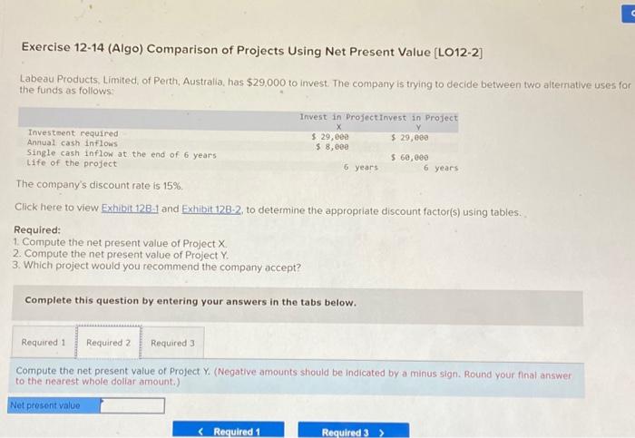 Solved Exercise 12-14 (Algo) Comparison of Projects Using | Chegg.com