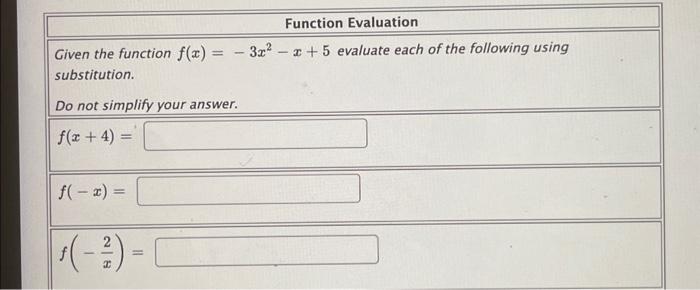Solved Function Evaluation Given The Function Fx−3x2−x5 
