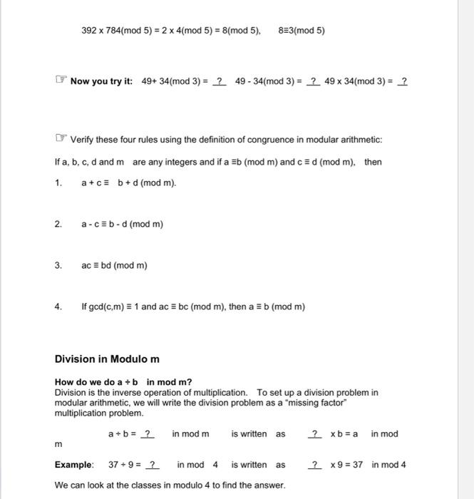 Solved 392×784(mod5)=2×4(mod5)=8(mod5),8≡3(mod5) Now you try | Chegg.com