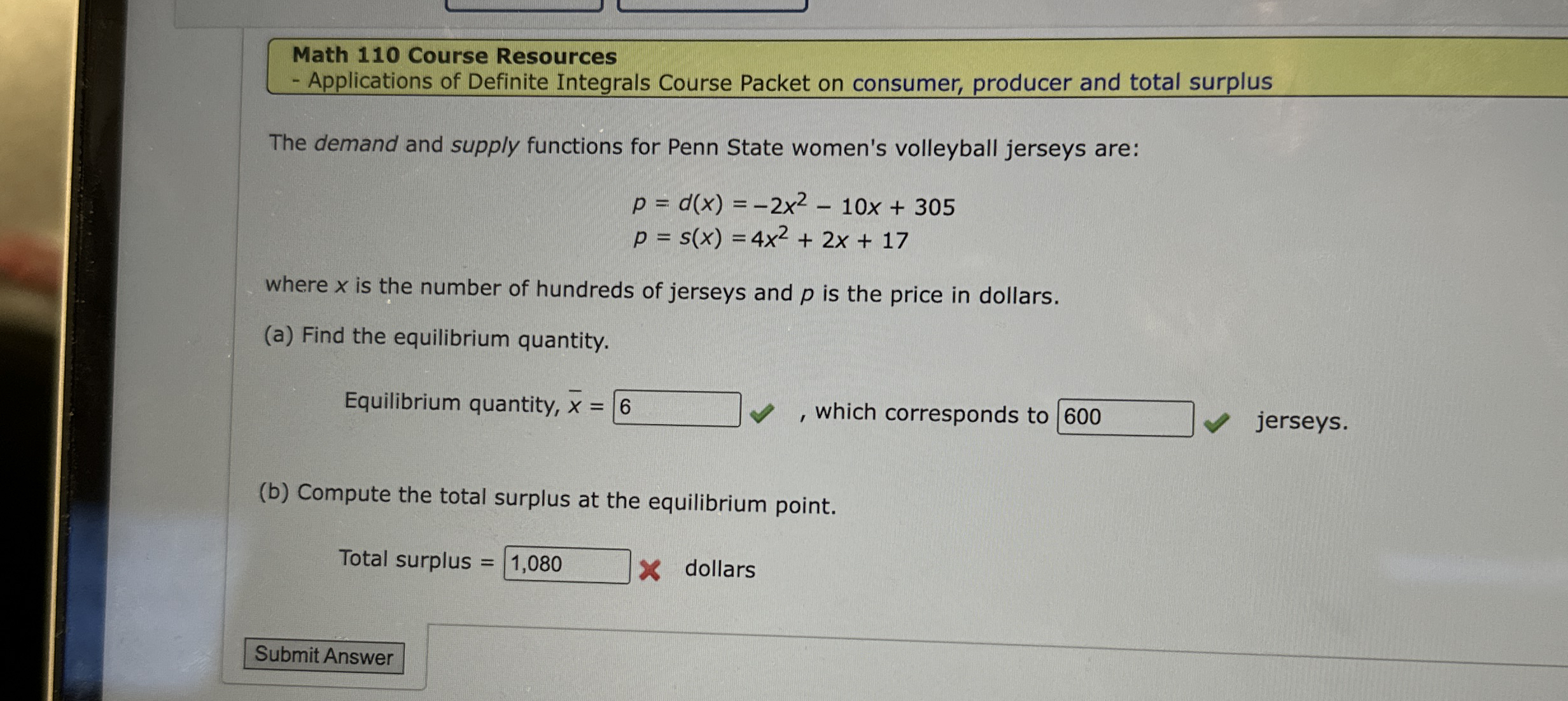 Solved Math 110 ﻿Course ResourcesApplications of Definite | Chegg.com