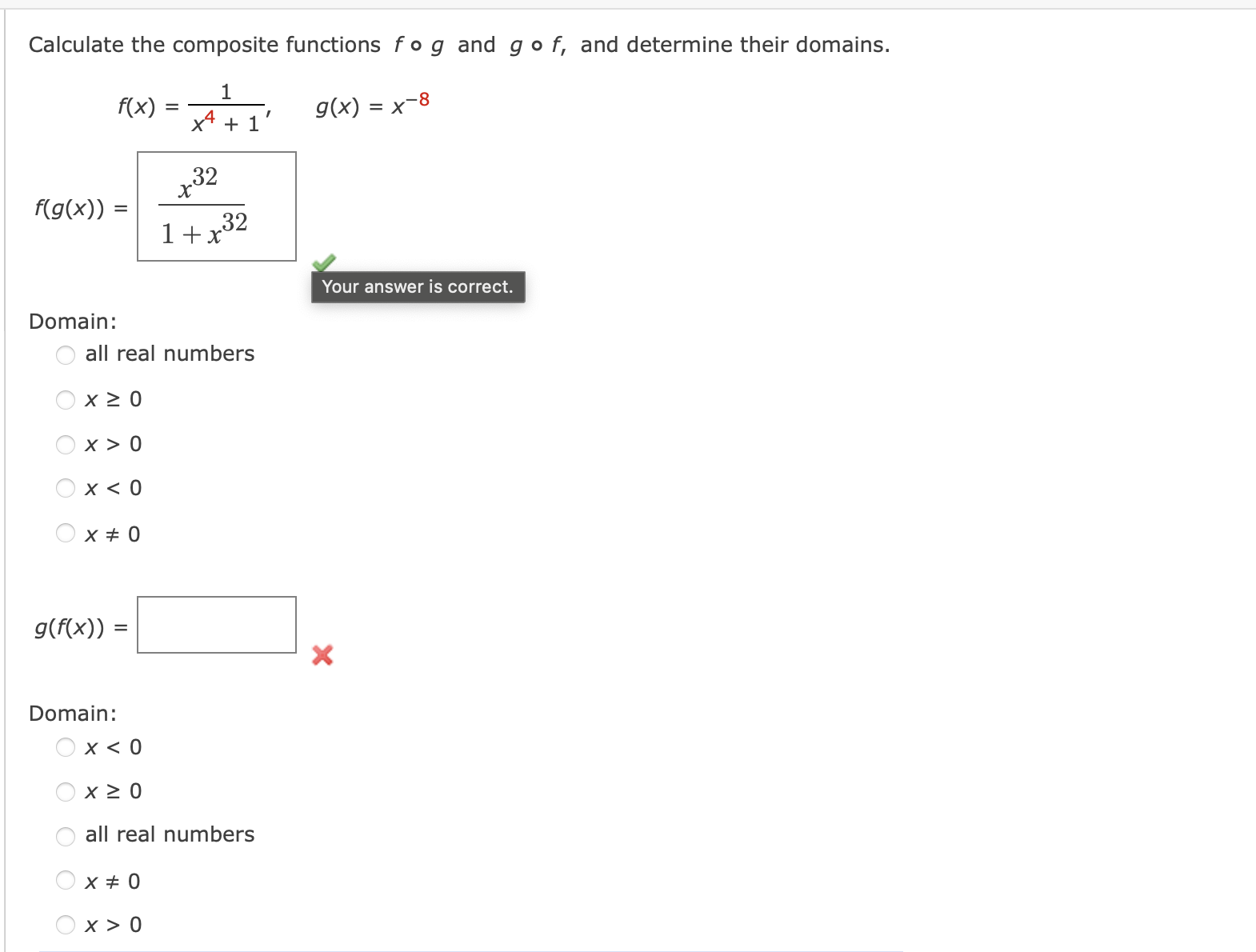 Solved f(x) =1x4+1g(x) = ﻿x−8 ﻿ find g(f(x)) ﻿and | Chegg.com