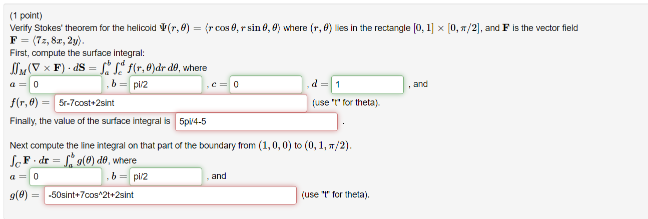 Solved (1 ﻿point)Verify Stokes' theorem for the helicoid | Chegg.com