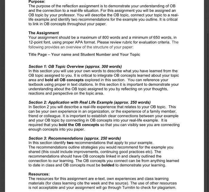 Purpose: The purpose of the reflection assignment is | Chegg.com