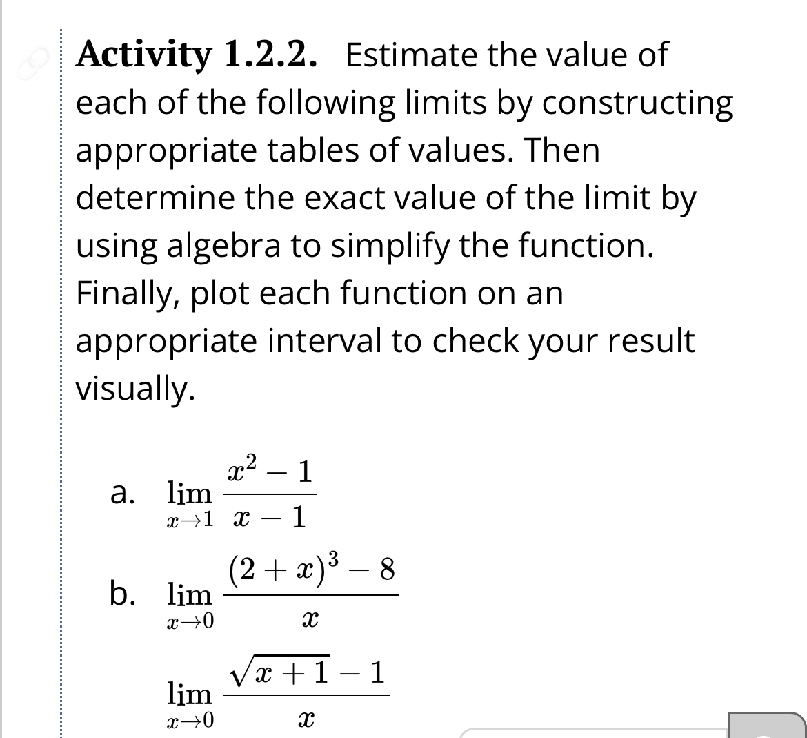 Solved Activity 1.2.2. ﻿Estimate the value ofeach of the | Chegg.com