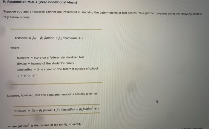 Solved 9. Assumption MLR.4 (Zero Conditional Mean) Suppose | Chegg.com