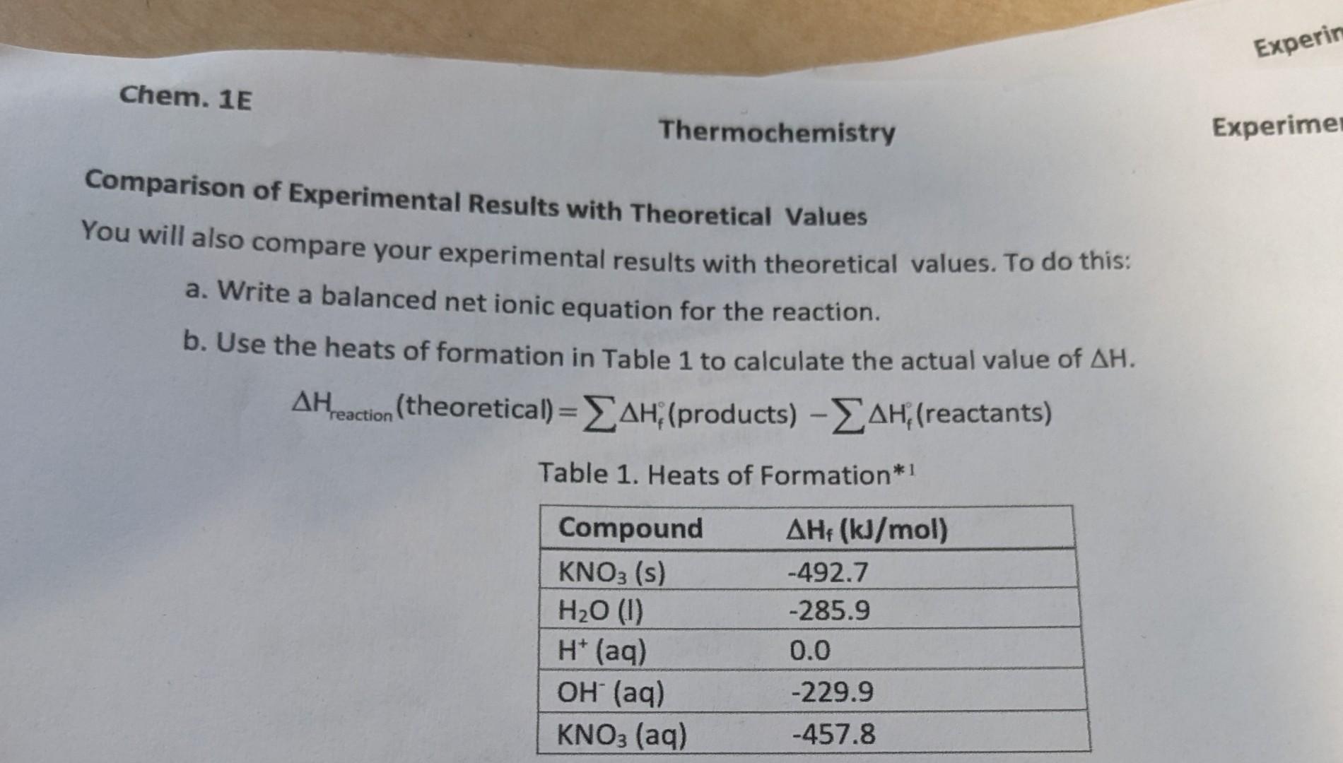 Solved Part A Reaction 1: Heat of Solution KNO, ΔH | Chegg.com